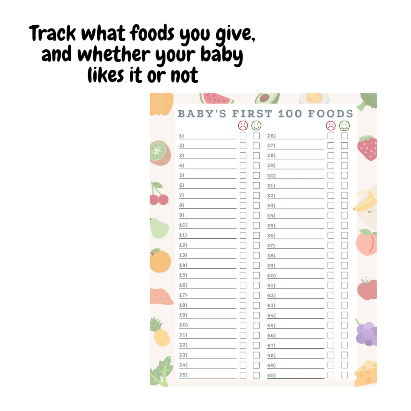 BLW Baby's 100 First Foods Tracker - Printable Chart - Instant Download ...