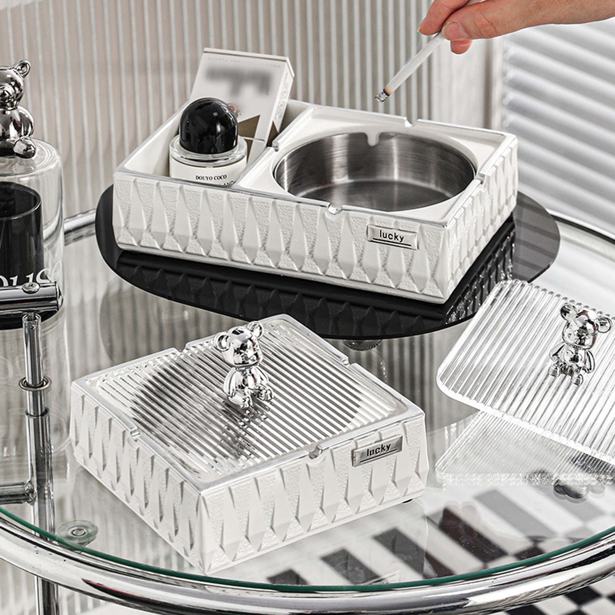 White Ashtray With Lid Resin Silver Bear - Etsy