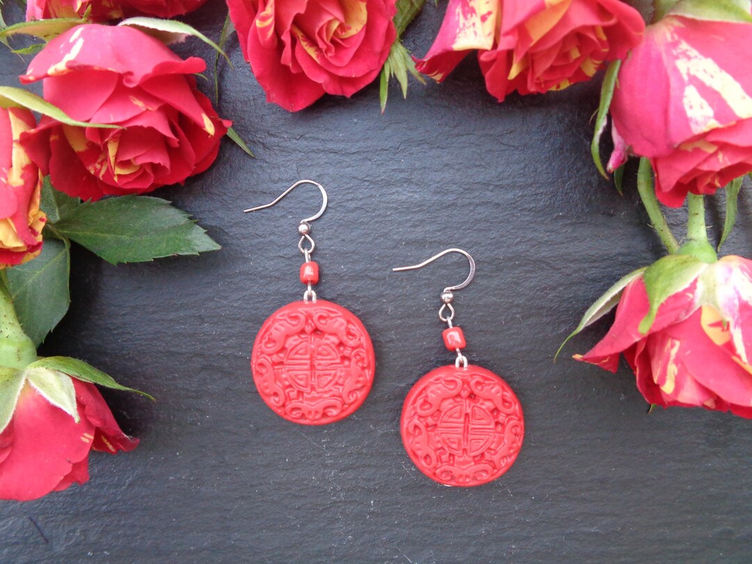 Cinnabar Earrings, Carved Chinese Symbol, Lu Wealth Prosperity Earrings ...