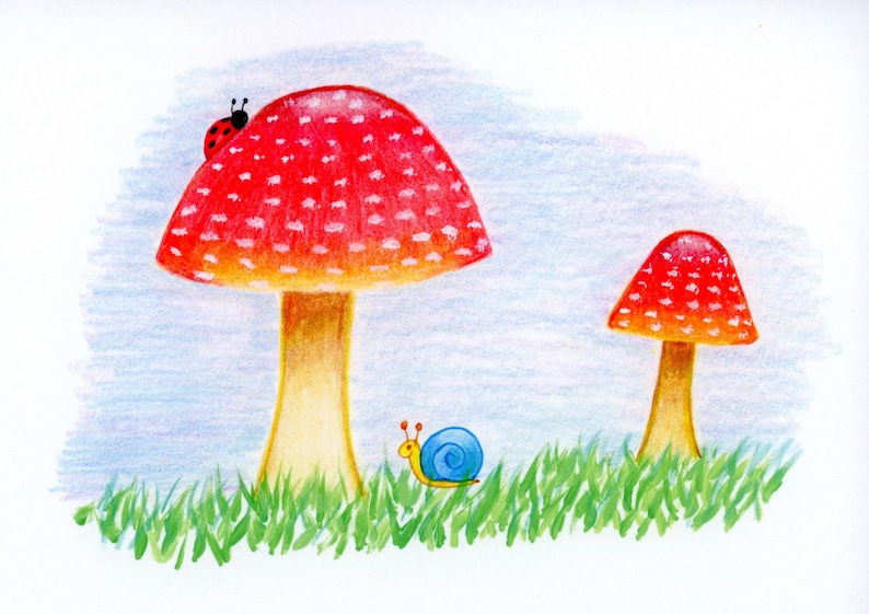 Mushroom Drawing, Snail Drawing, Mushroom and Snail Print, Snail Art ...