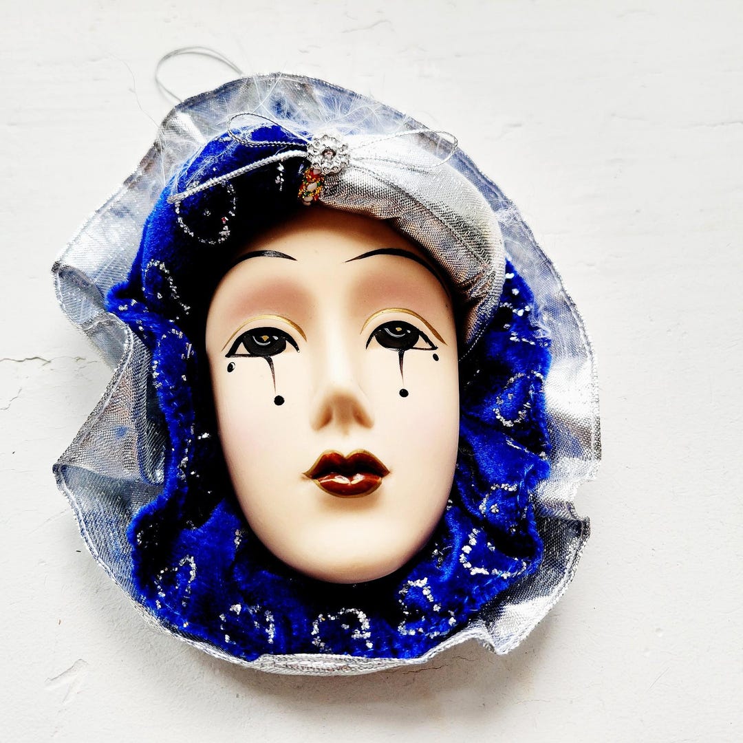 Vintage Blue & Silver Pierrot BISQUE, #2 Clown CERAMIC Face, Doll Head ...