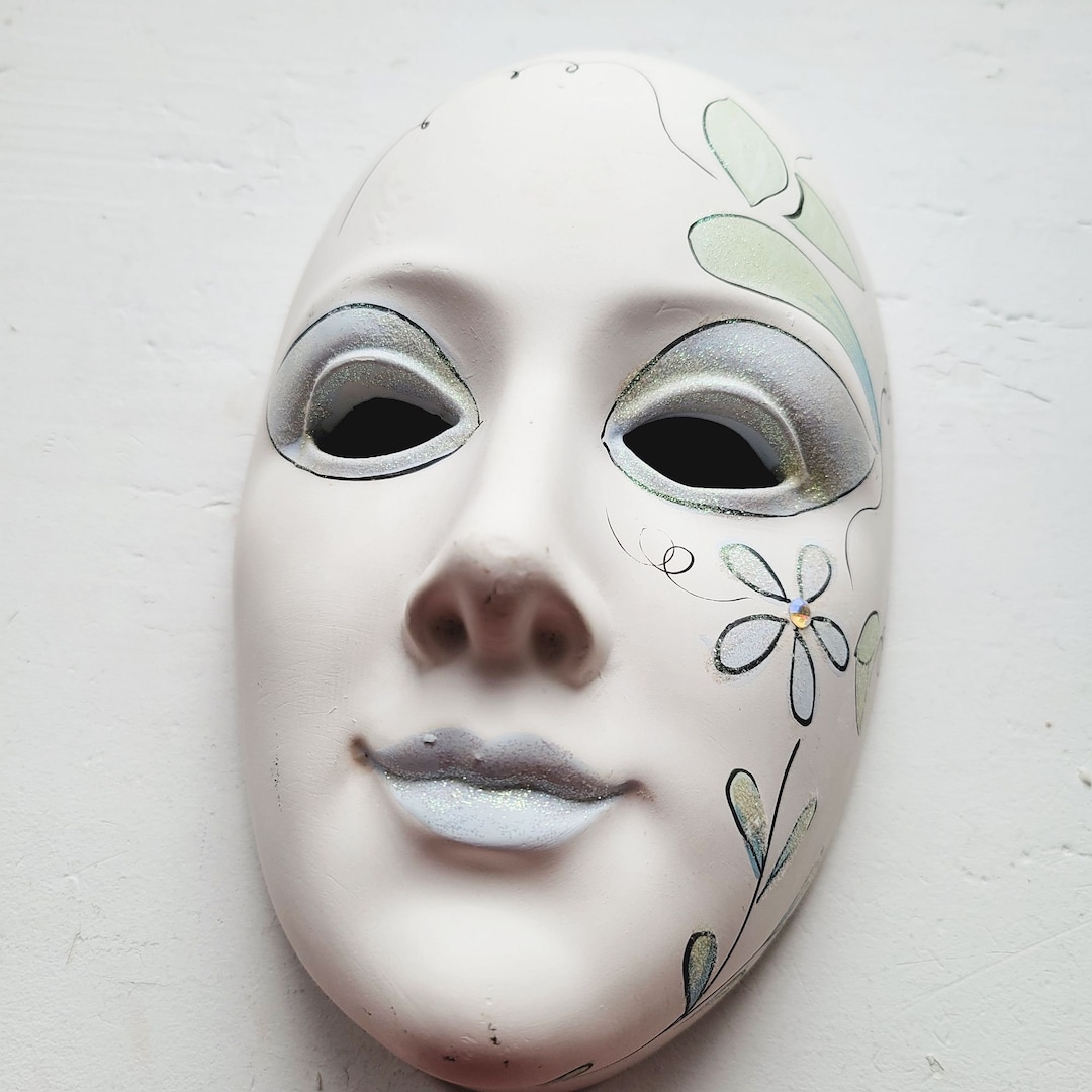 Large Vintage CARNIVAL MASK, Ceramic, White, Blue & Green, Wall Art ...