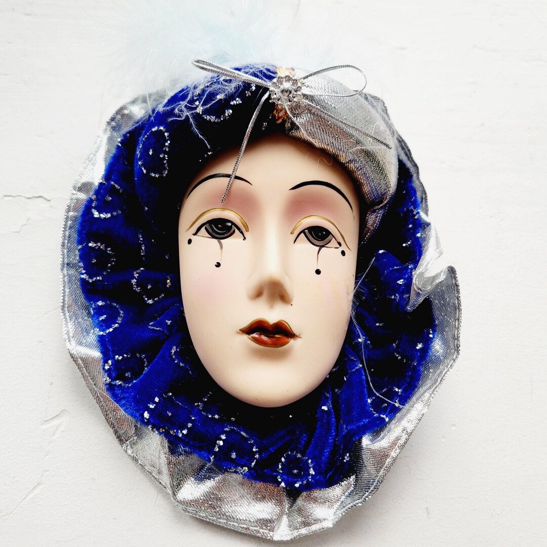 Vintage Blue & Silver Pierrot BISQUE, #1 Clown CERAMIC Face, Doll Head ...