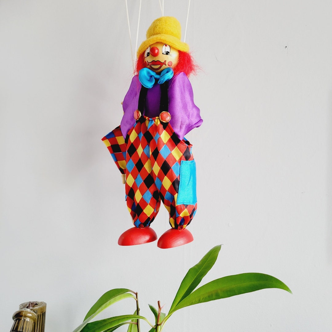 Vintage Clown PUPPET in COLORFUL Costume, String Controlled, HANDMADE ...