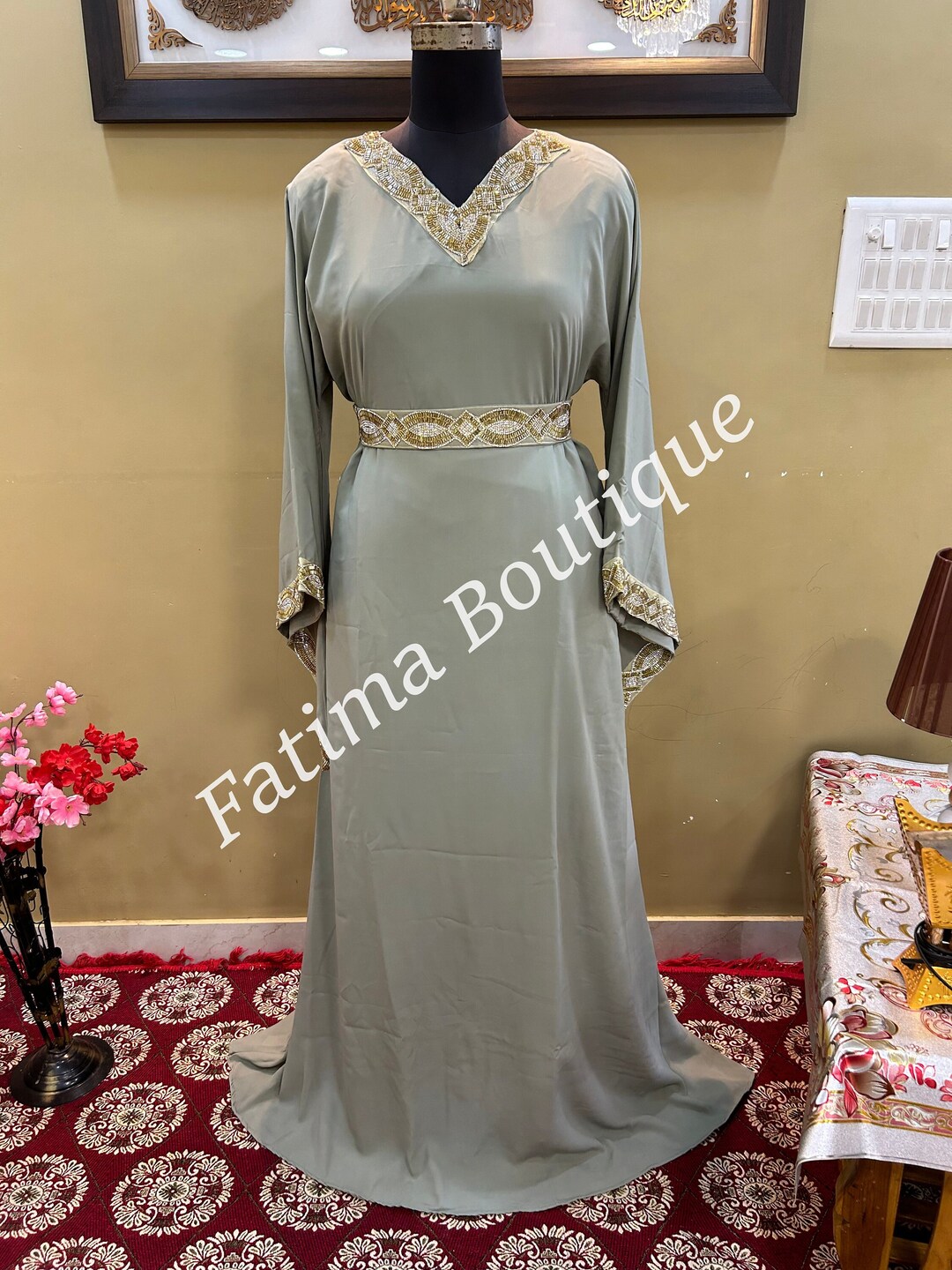 Sale Gold Crystal Bedded Lais Work Luxury Evening Moroccan Dubai Kaftan ...