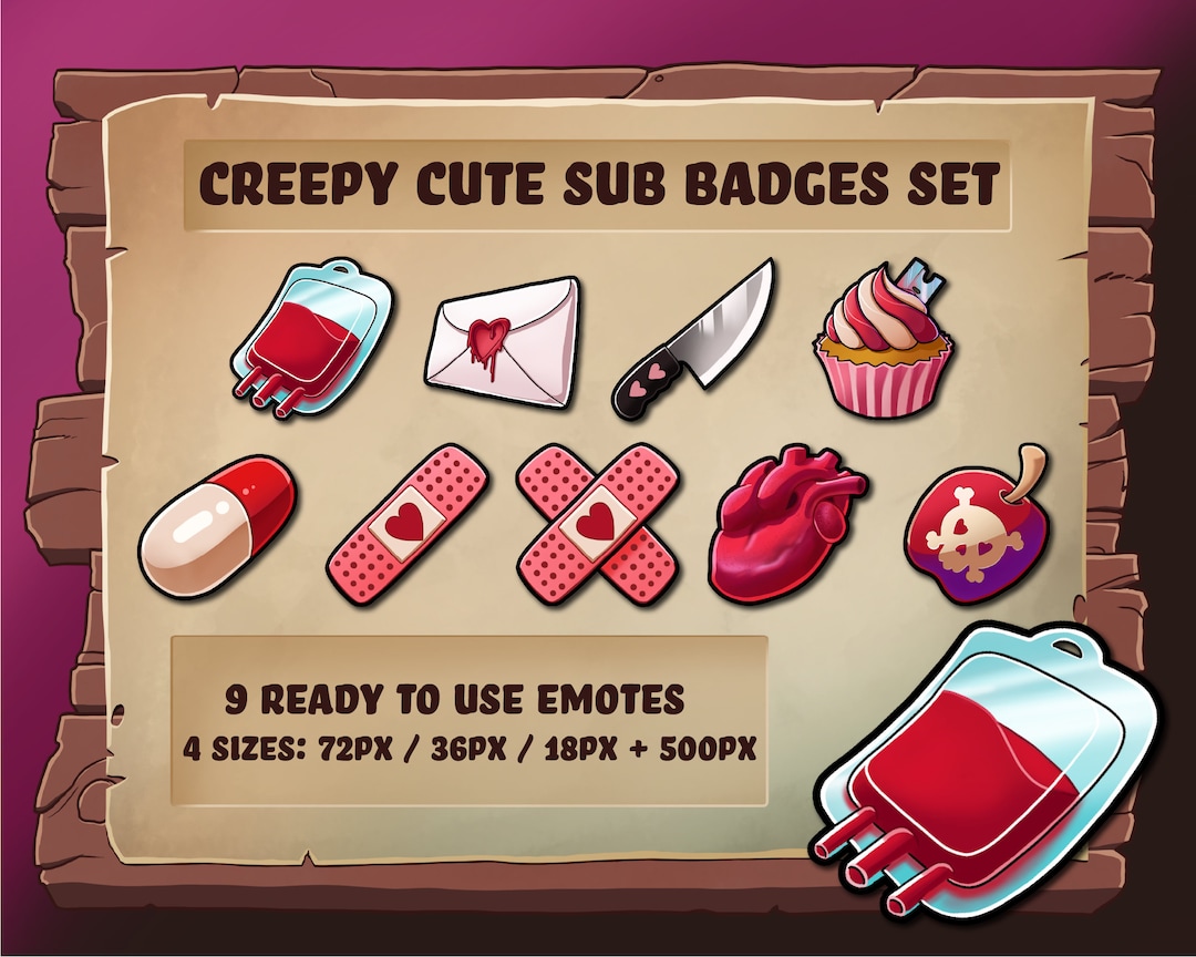 Creepy Cute Horror Sub / Bit Badges for Twitch - Knife Cupcake Heart ...