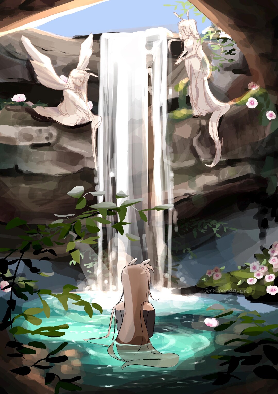 Fairy Waterfall Illustration Print - Handdrawn Fantasy Character ...