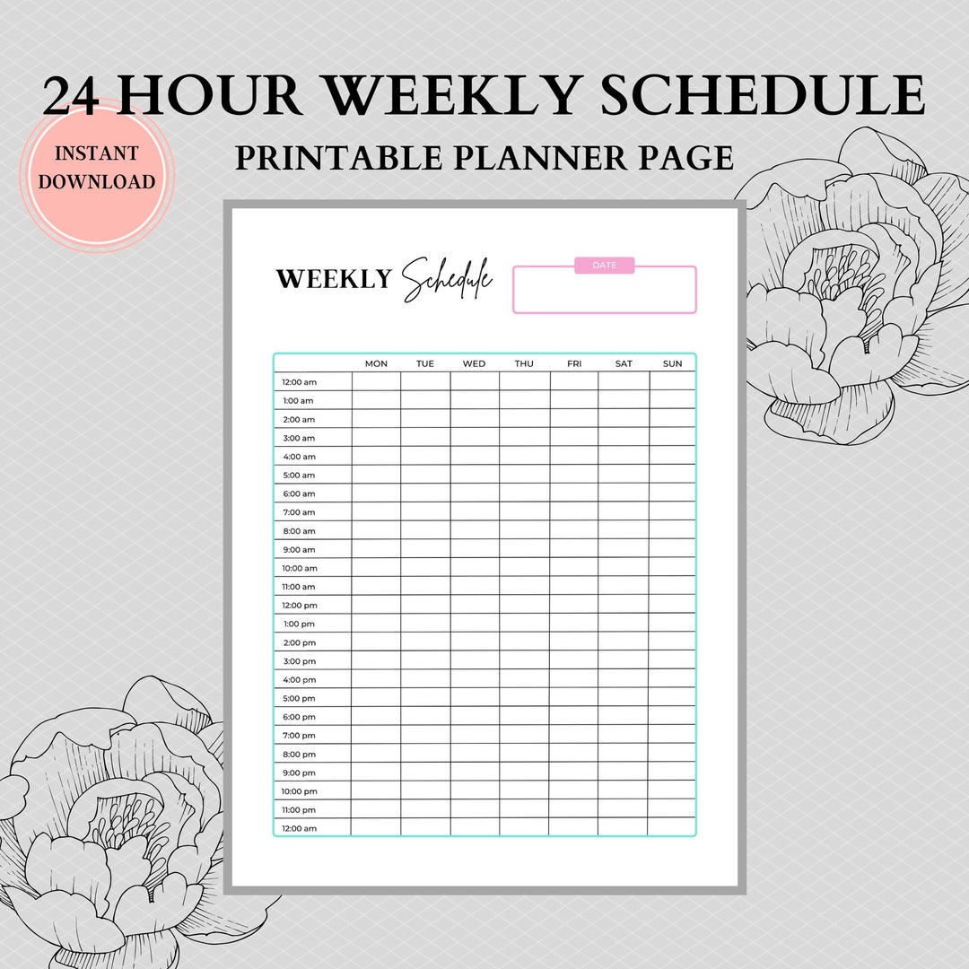 24 Hour Weekly Schedule, Week at a Glance, Weekly Agenda, Weekly ...