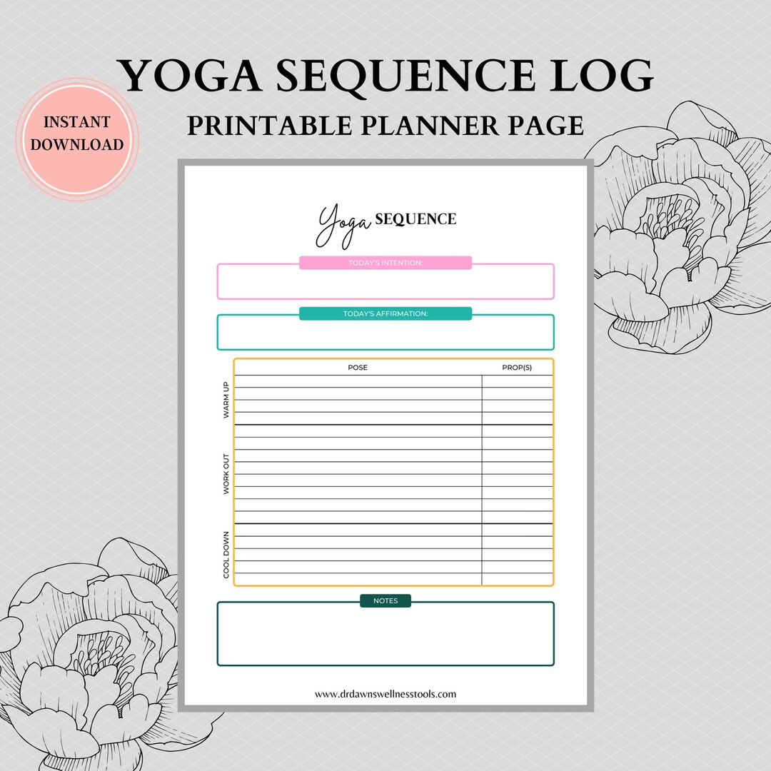 Yoga Sequence, Daily Yoga Planner Printable, Yoga Log, Wellness Planner ...