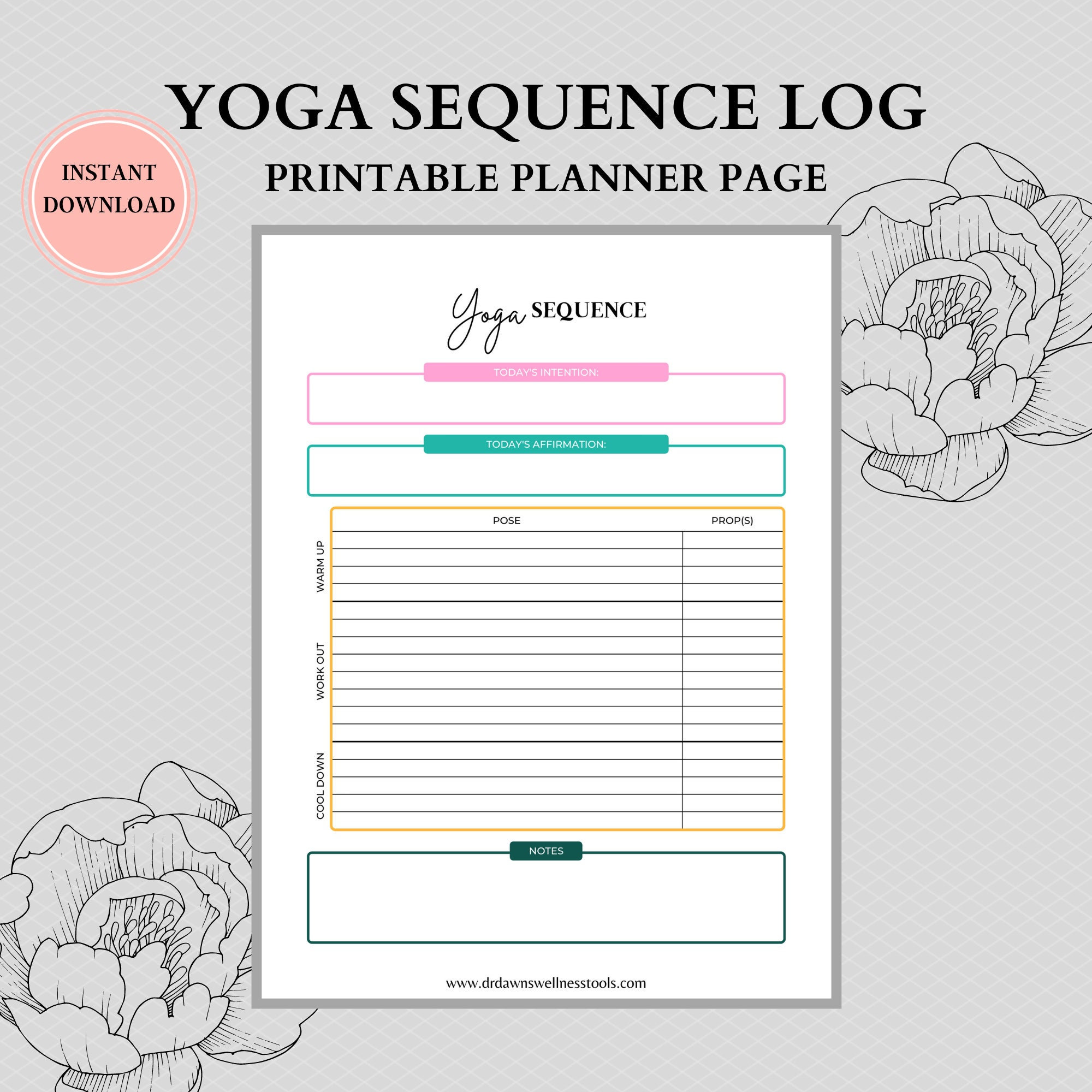 Yoga Sequence, Daily Yoga Planner Printable, Yoga Log, Wellness Planner ...