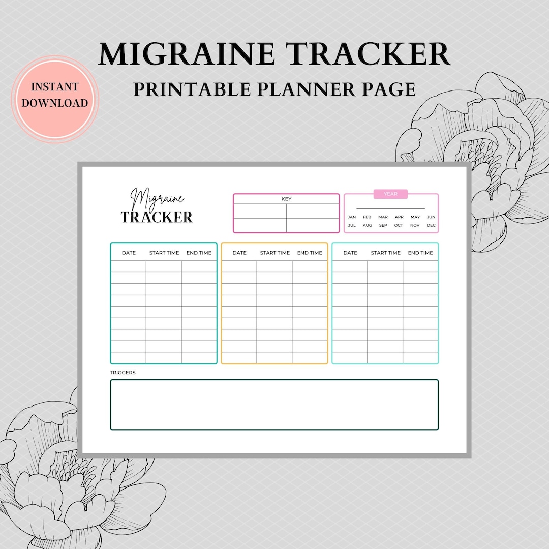 Monthly Migraine Trackers Printable Track Migraine Frequency Symptoms ...