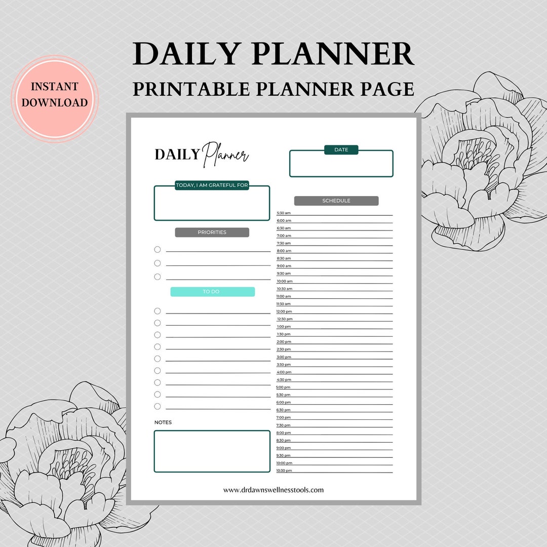Day Planner Printable, Print at Home Daily Planner, 1 Hour Sections ...