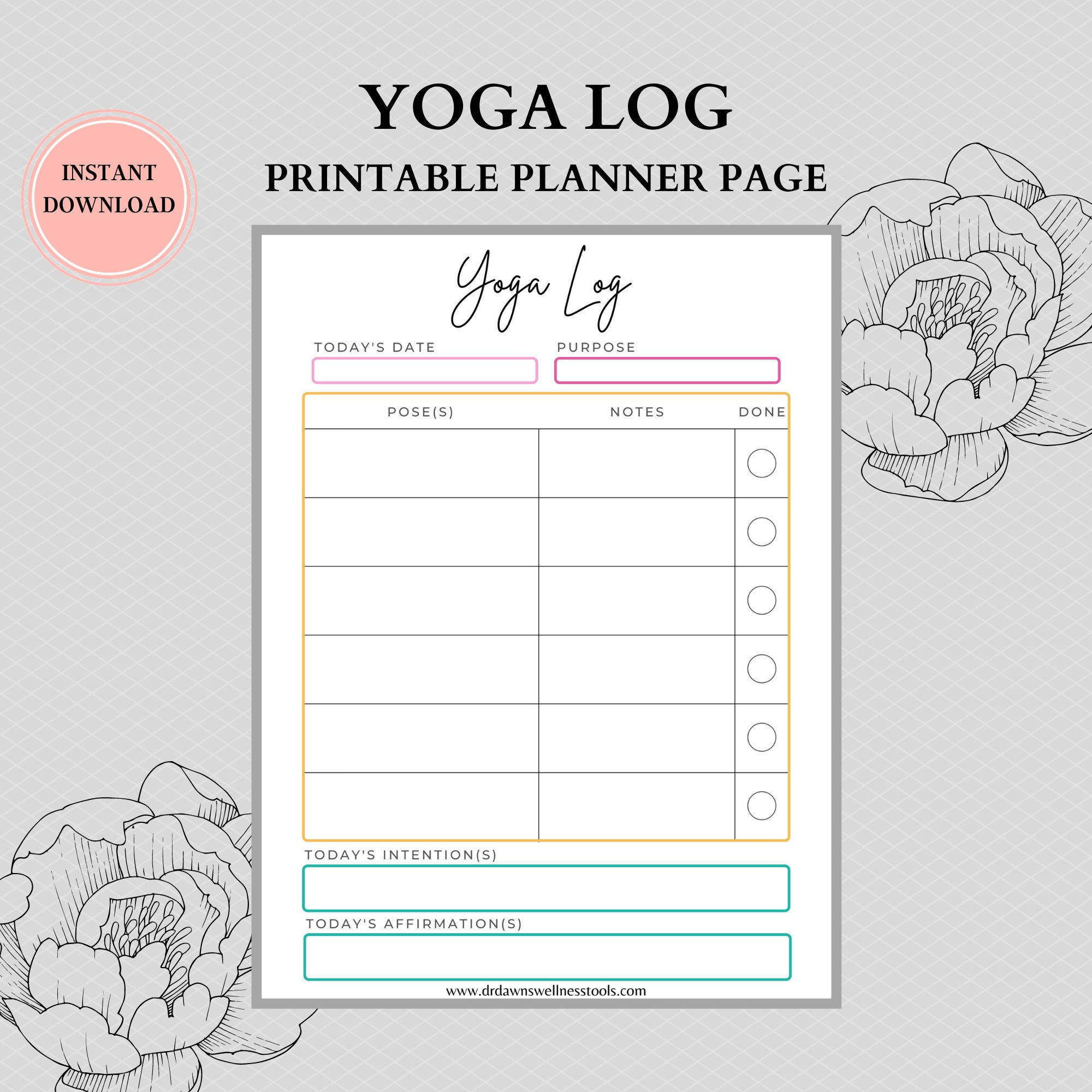 Daily Yoga Planner Printable, Yoga Log, Wellness Planner, Yoga Journal ...