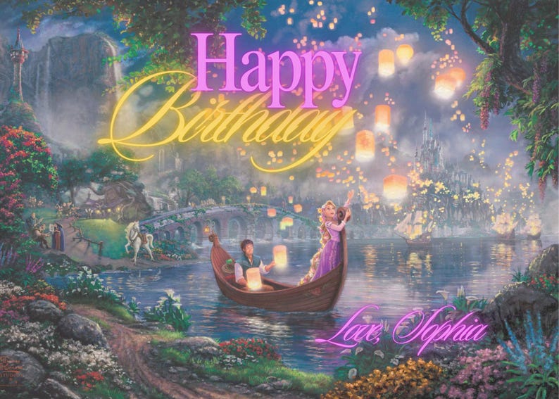 Tangled Happy Birthday Card, Editable, Thomas Kinkade Background - Etsy
