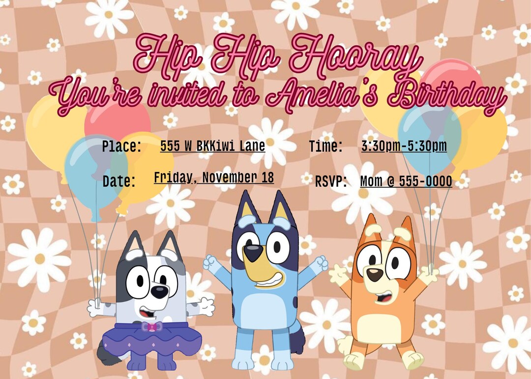 Bluey Girl Birthday Invite, Editable, Flowers and Balloons - Etsy