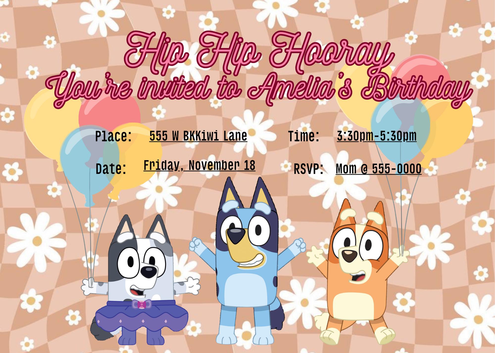 Bluey Girl Birthday Invite, Editable, Flowers and Balloons - Etsy