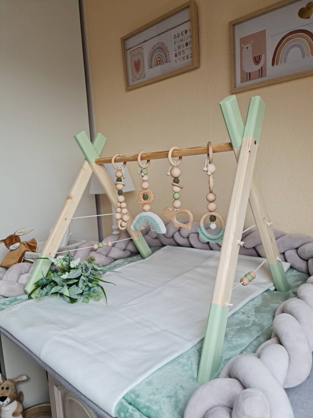 Wooden Play Arch With 4 Trailers, Rainbow Crocheted Handmade Play Arch ...