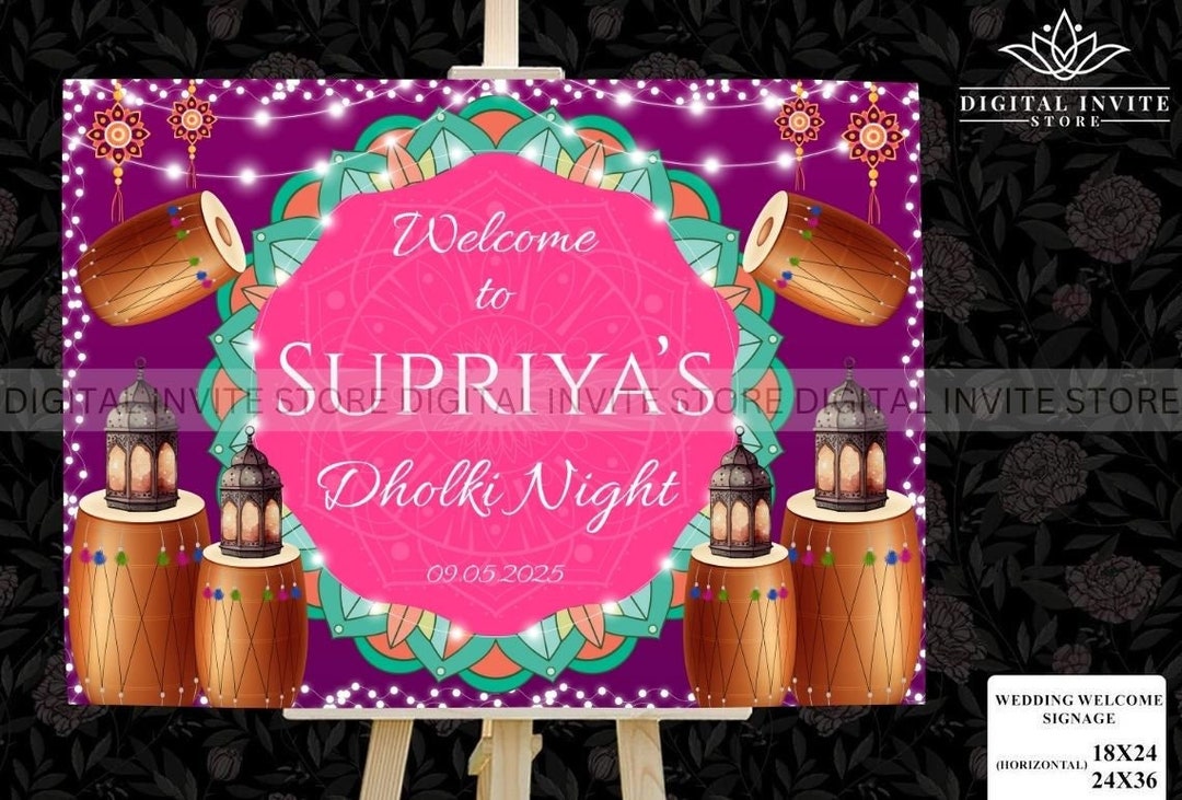 Muslim Dholki Signs With Lanterns Theme, Pink Dholak Night Sign Board ...