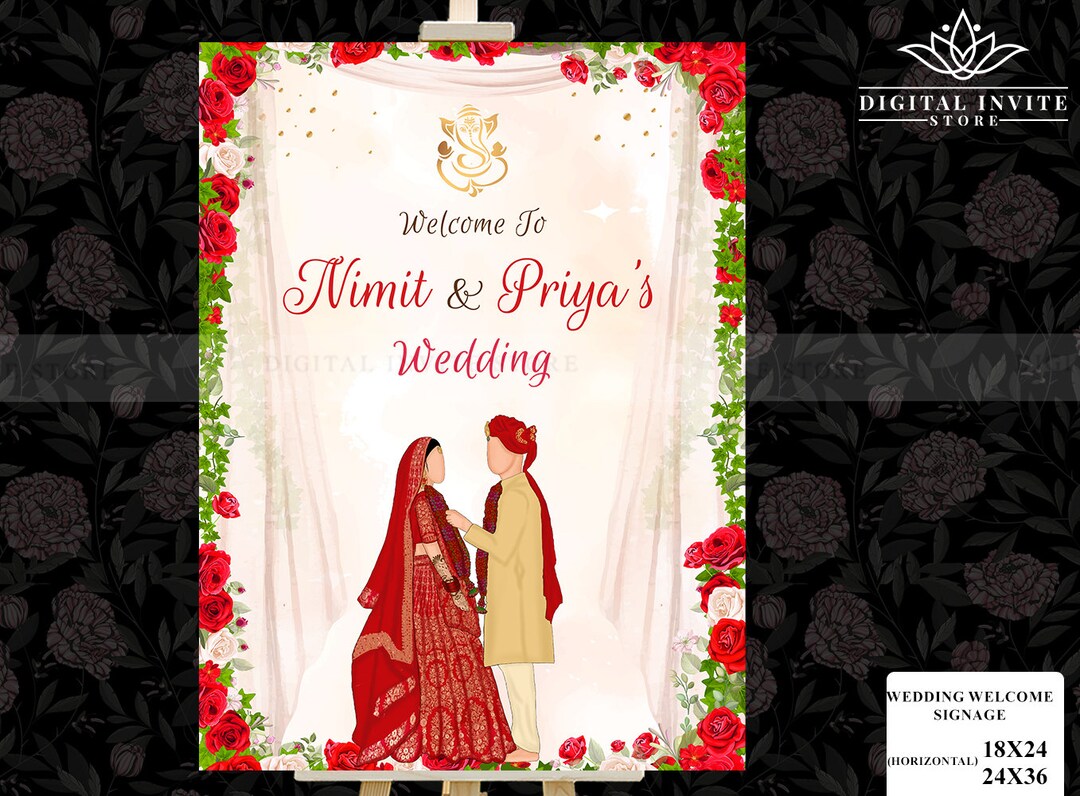 Hindu Wedding Indian Couple Signage, Custom Portrait Wedding Sign ...