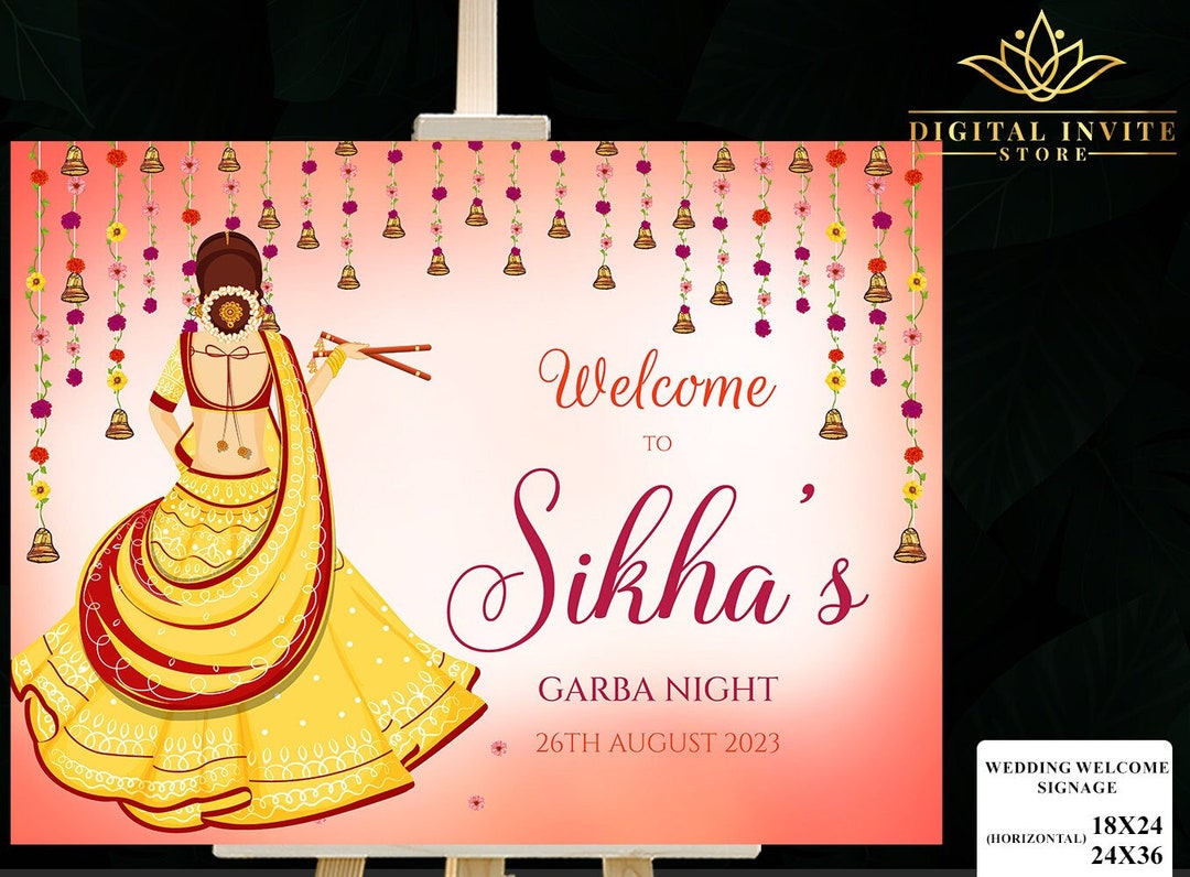 Garba Night Signages, Indian Sangeet Decor Garba Signs, Floral Welcome ...
