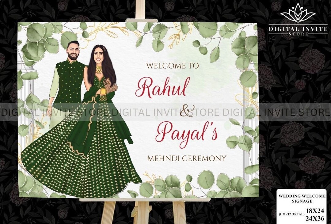 Indian Couple Portrait Mehndi Welcome Signage Board, Mehandi Signage ...