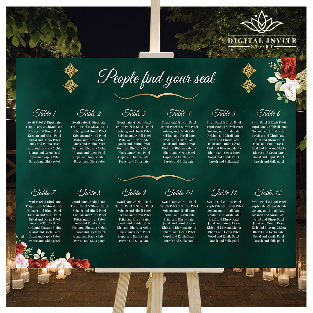 Dark Green Reception Seating Chart, Indian Wedding Welcome Sign as ...
