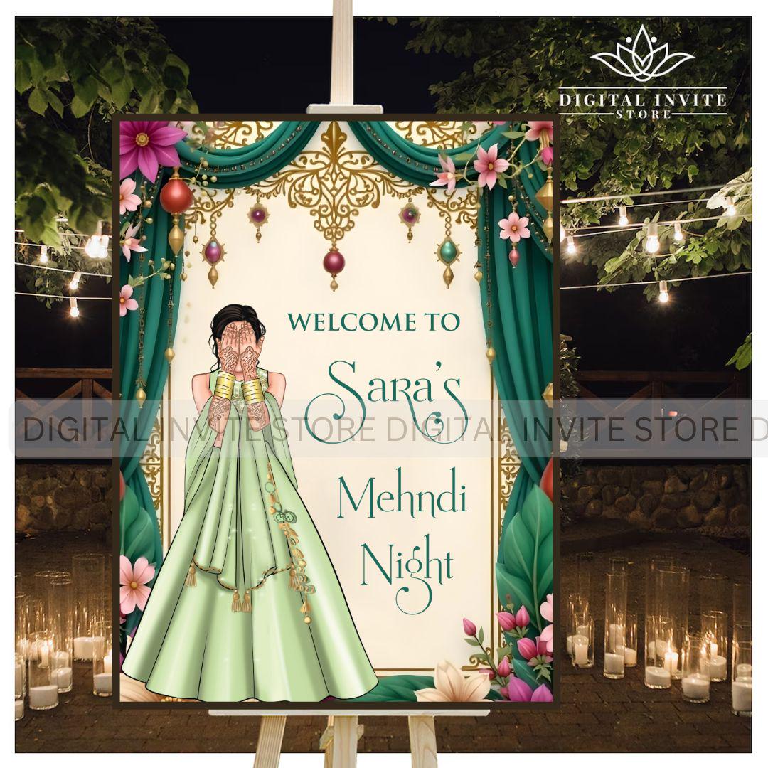 Mehandi Sign as Indian Couple Portrait Mehndi Welcome Signage Board ...