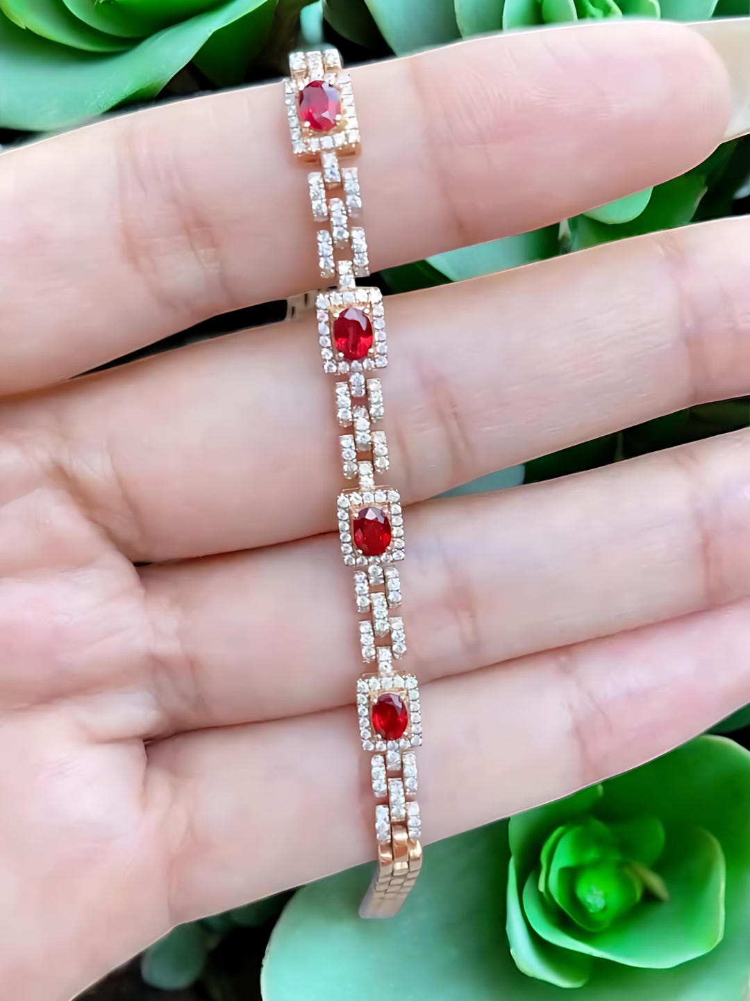 The Scarlet Grace Bracelet, Elegant Ruby Link Bracelet in Gold With CZ ...