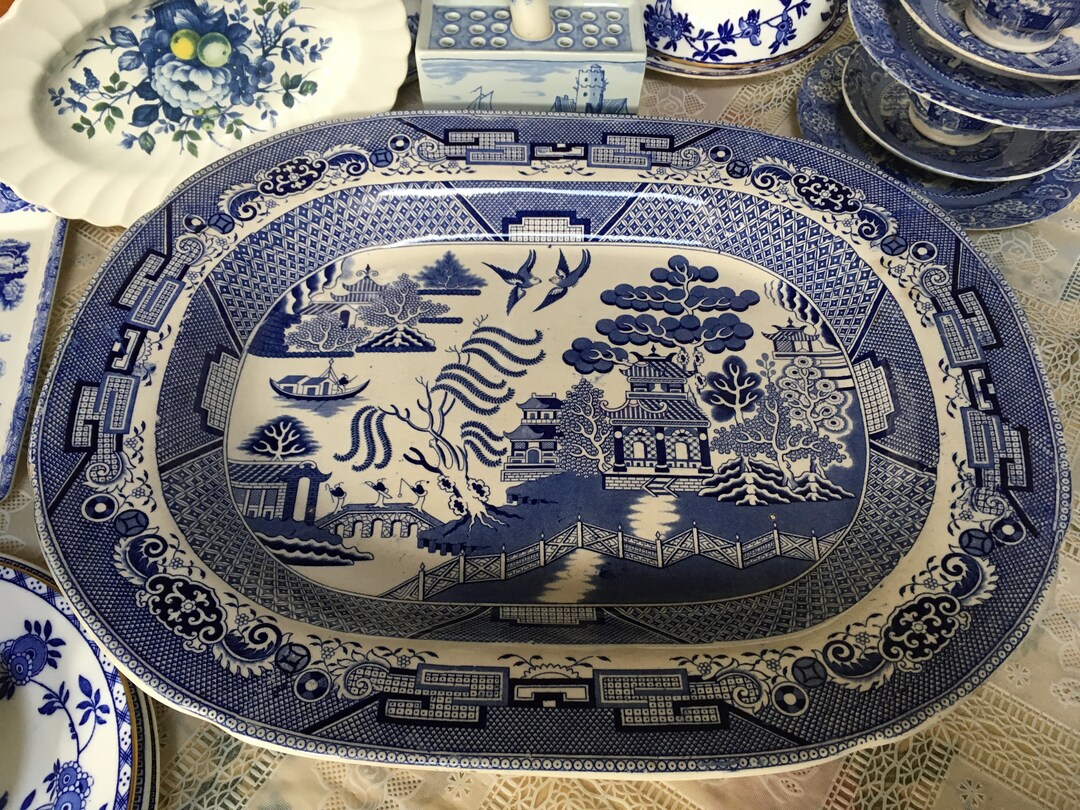 Antique Blue and White Pre Shelley, Blue Willow Pattern Large Platter ...
