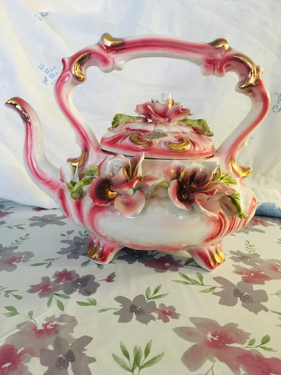 Capodimonte Teapot, Large Italian Pink Blush Floral Teapot Rare Vintage ...