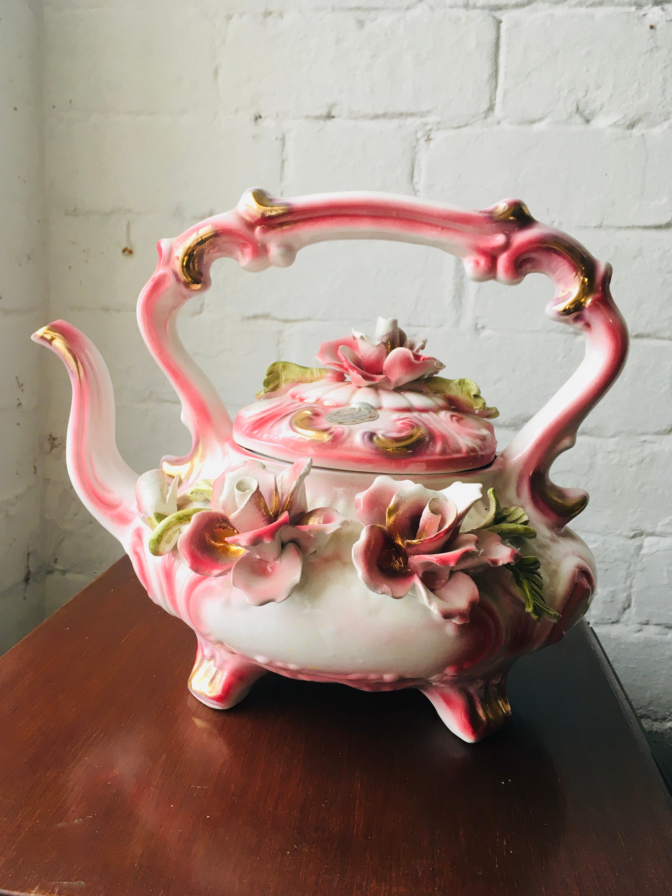 Capodimonte Teapot, Large Italian Pink Blush Floral Teapot Rare Vintage ...