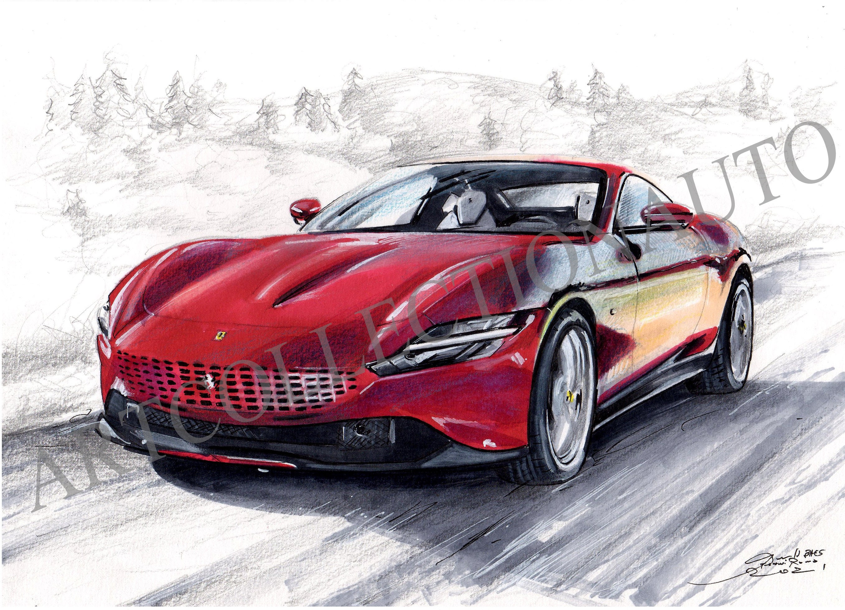 FERRARI ROMA - Original Drawing - Royalty Free - Baes Gérald - Etsy
