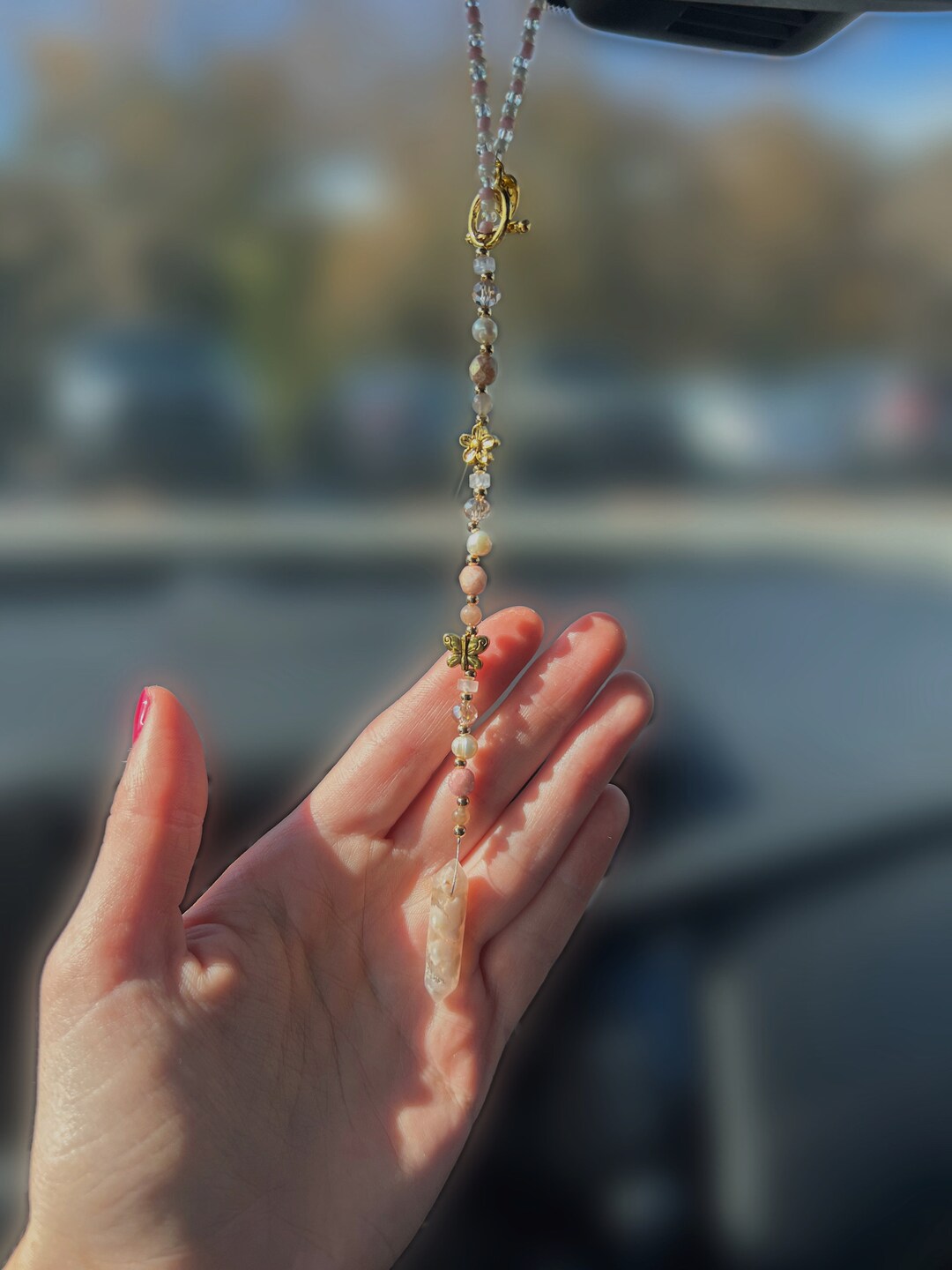 Brandy gemstone Beaded Car Charm Sunstone, Pearl, Flower Agate, Rose ...