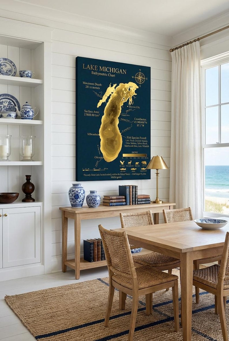 Lake Michigan Depth Map Wall Art, Bathymetric Canvas Print, Great Lakes ...