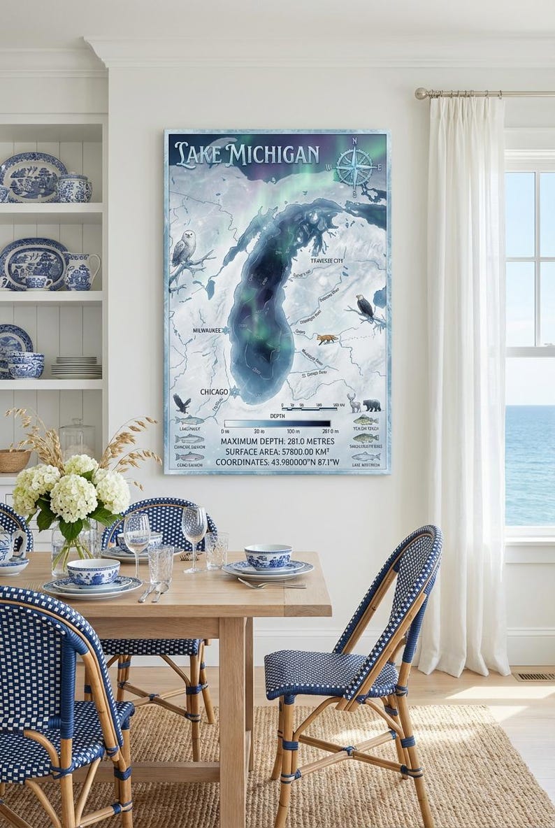 Lake Michigan Depth Map Wall Art, Bathymetric Canvas Print, Great Lakes ...