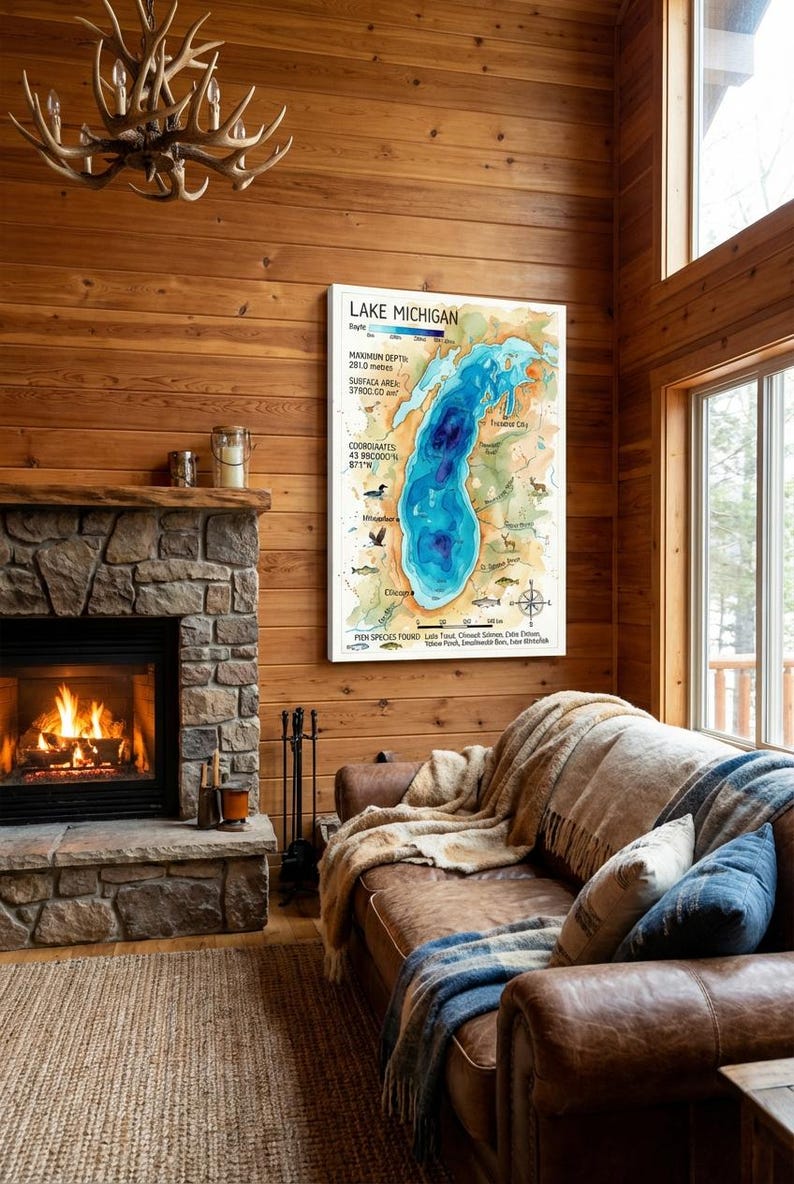 Lake Michigan Depth Map Wall Art, Bathymetric Canvas Print, Great Lakes ...