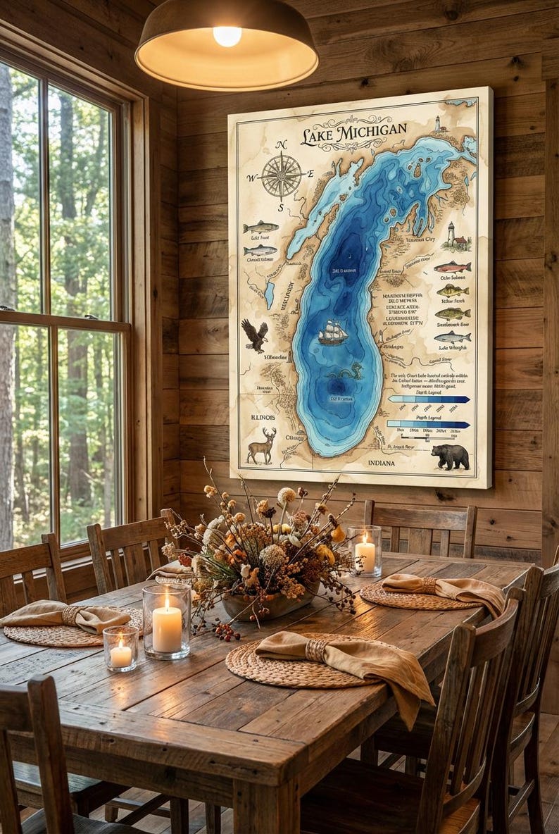 Lake Michigan Depth Map Wall Art, Bathymetric Canvas Print, Great Lakes ...