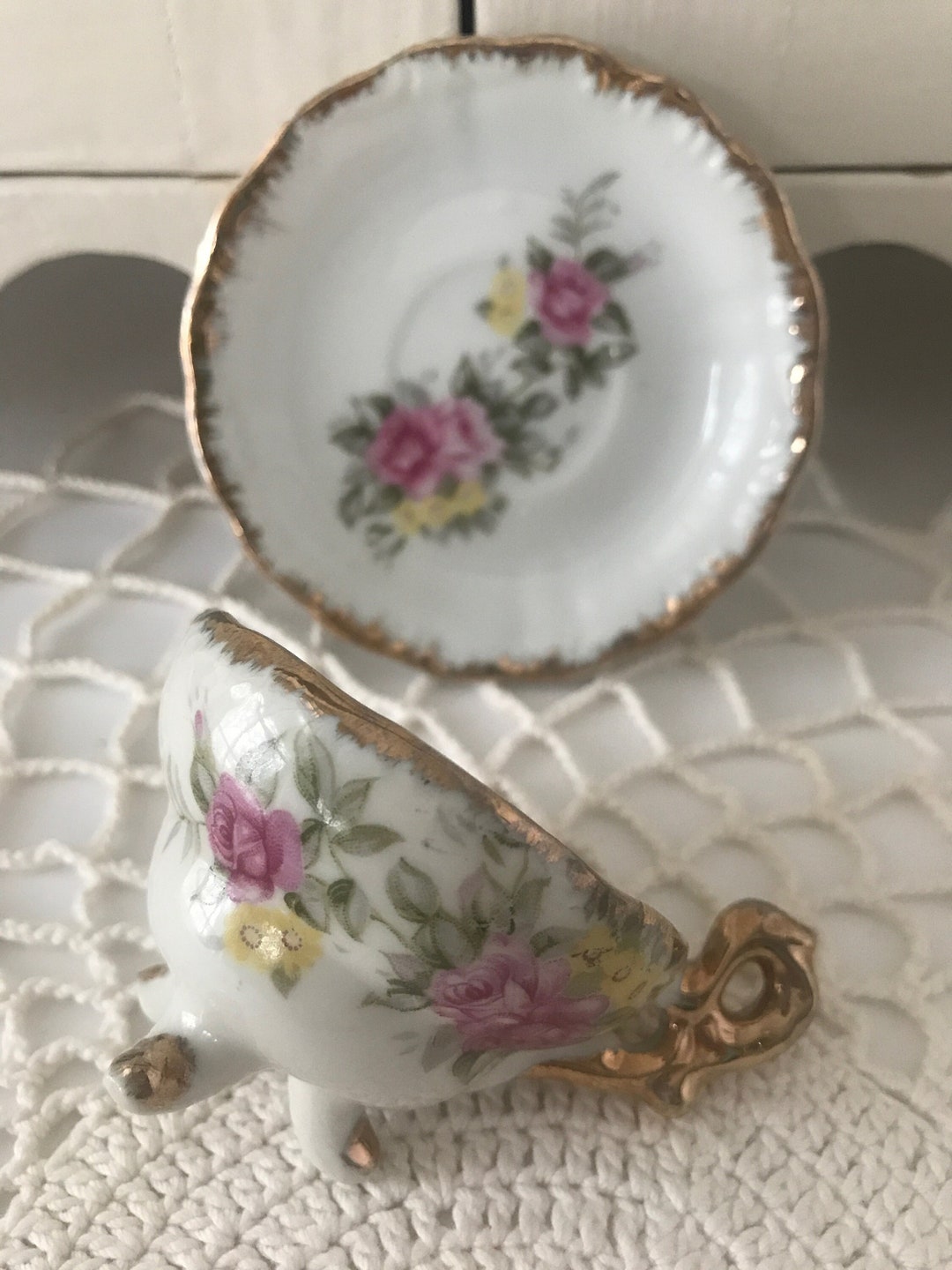 Vintage ENESCO JAPAN Roses Child or Doll Size Cup & Saucer Gold Gilt ...