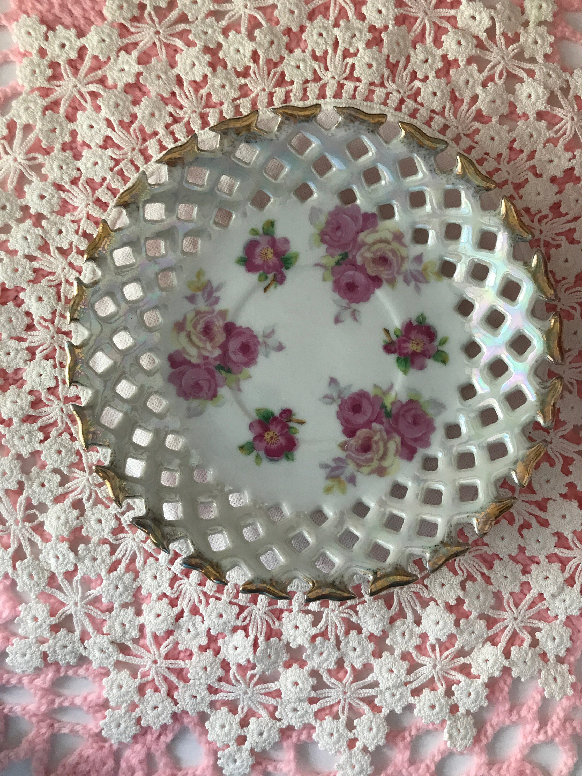 Vintage JAPAN Fred Roberts Co San Francisco Pink ROSES White IRIDESCENT ...