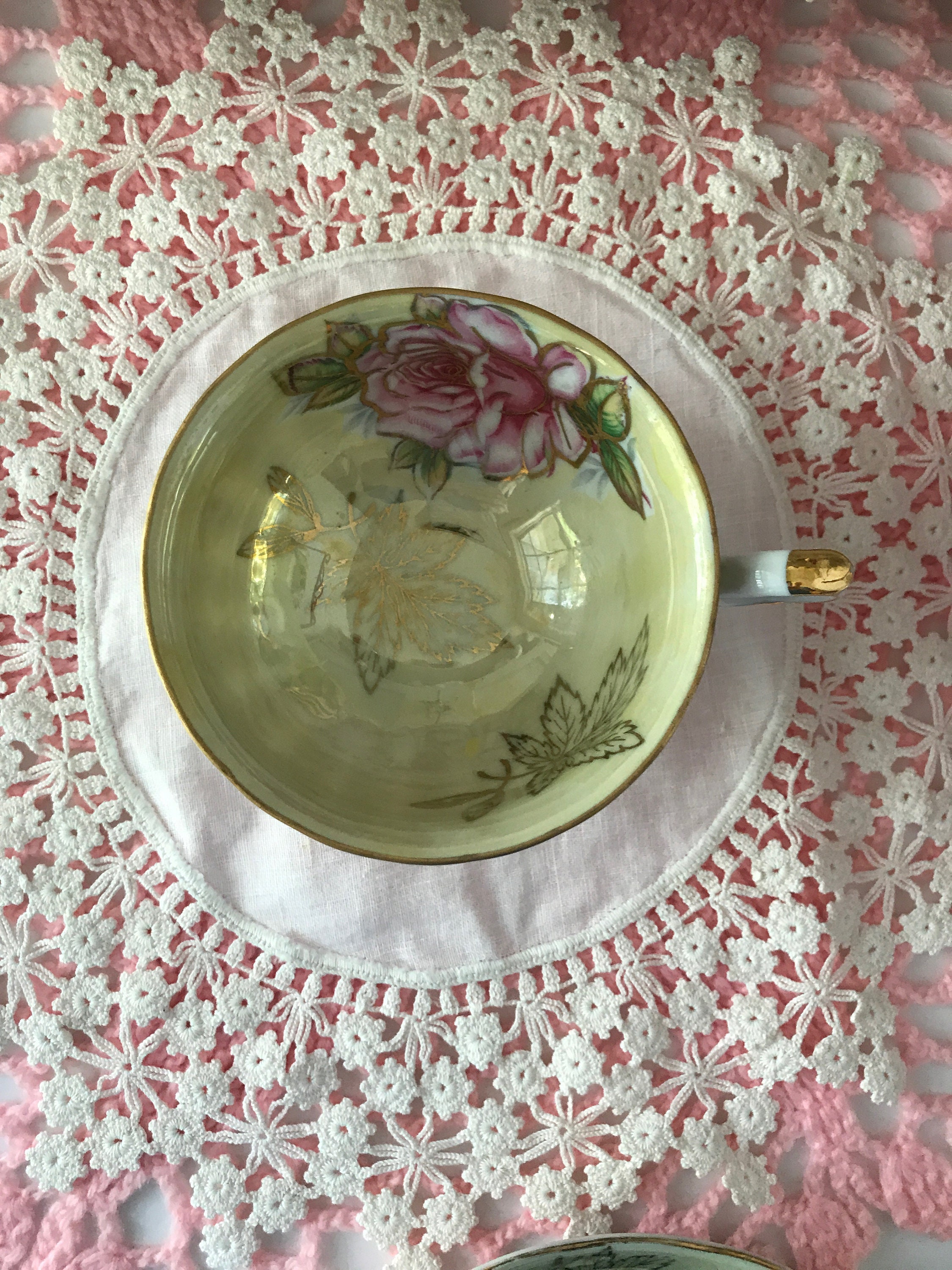 Vintage L M Royal Halsey Japan Iridescent Pastel YELLOW With Large PINK ...