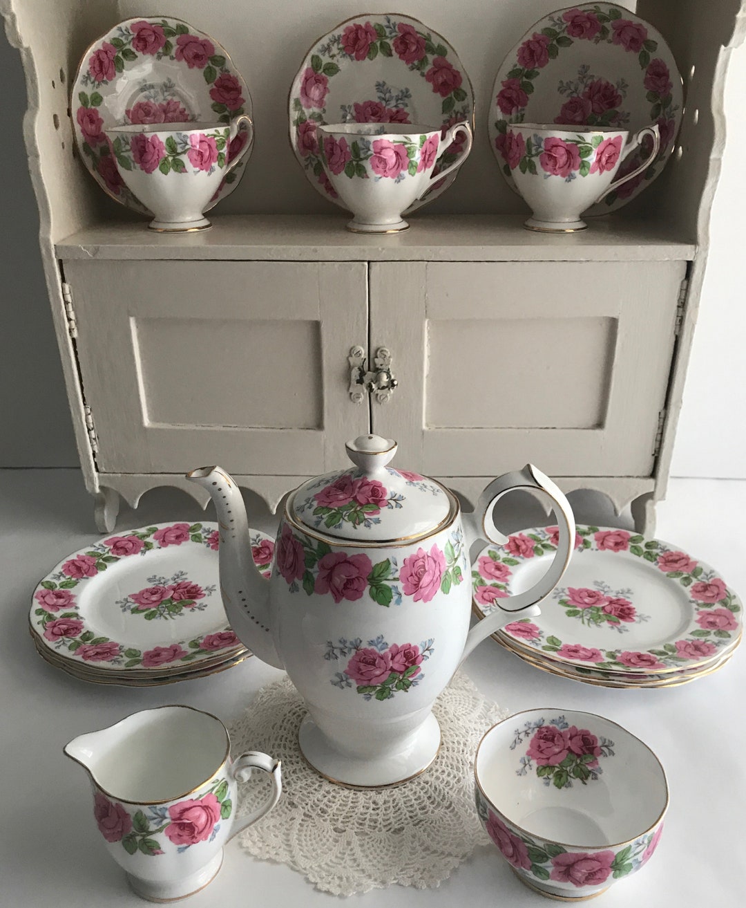 Vintage Queen Ann LADY ALEXANDER ROSE Tea Set 6 Dessert Plates 3 Cups 3 ...