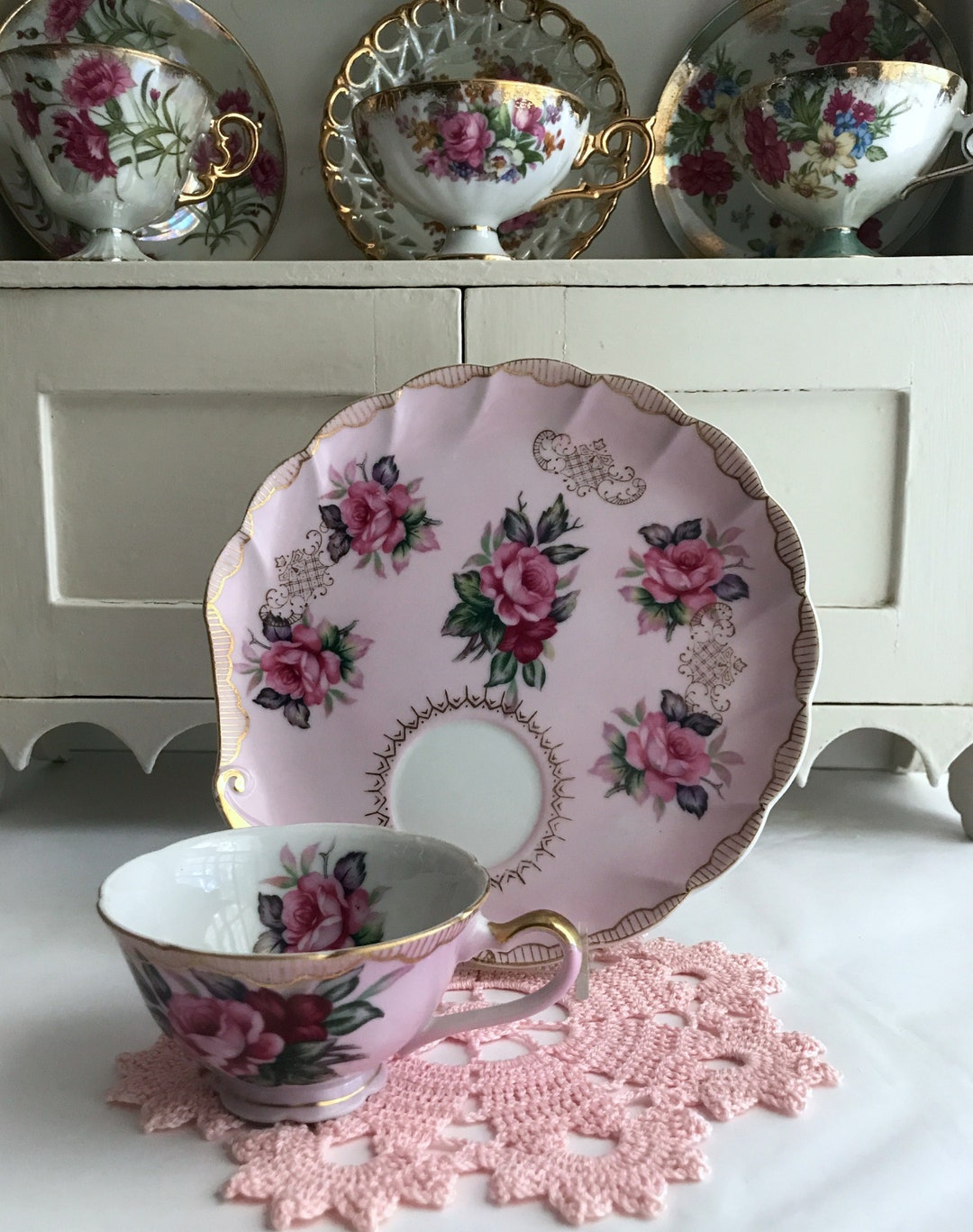 Vintage LEFTON Japan PINK With Pink ROSES Gold Gilt Snack Plate and Tea ...