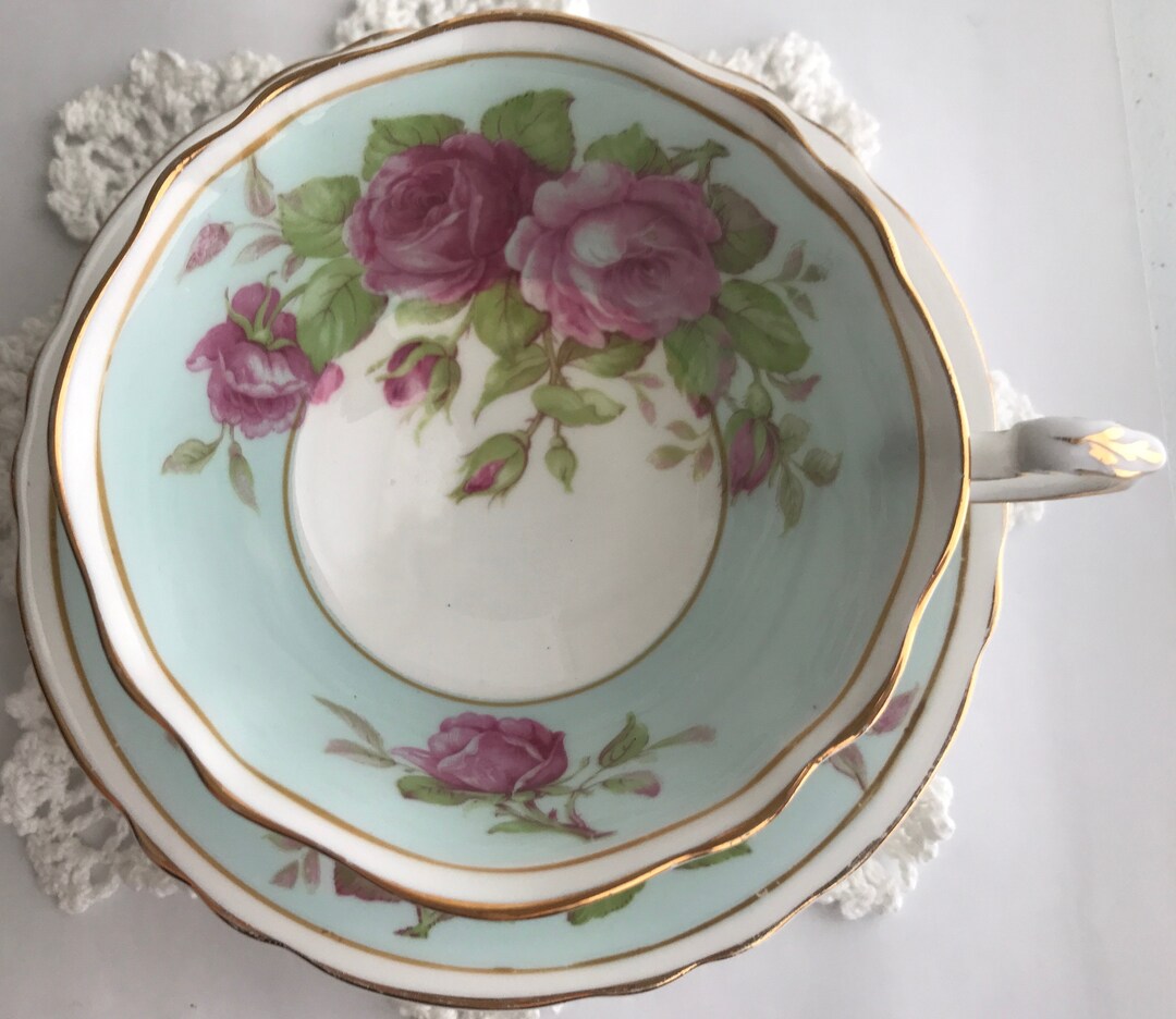 Rare Vintage PARAGON Blush Pink CABBAGE ROSES on Pastel Aqua Blue Tea ...