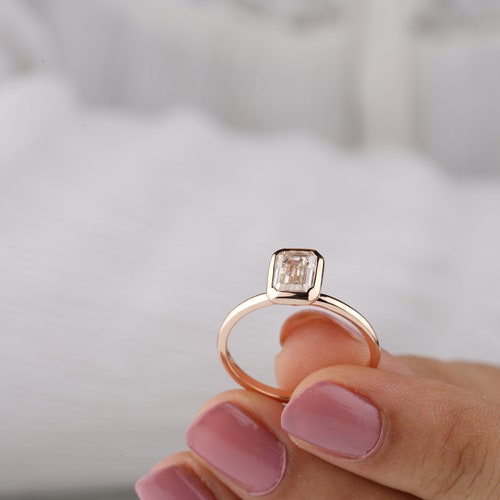 Emerald Cut Bezel Set Engagement Ring / Solitaire Accent Ring - Etsy
