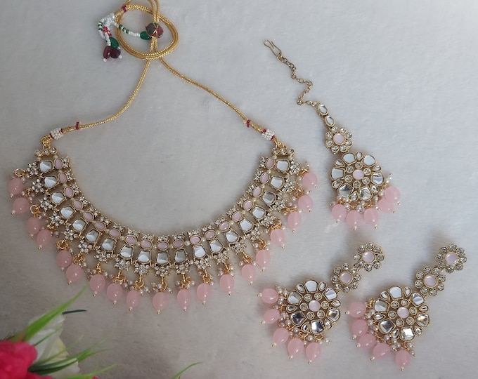 Traditional Kundan Gold Finish Necklace Set in Light Pink Color ...