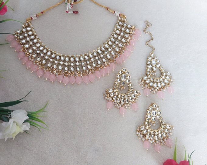 Traditional Kundan Gold Finish Necklace Set in Light Pink Color ...