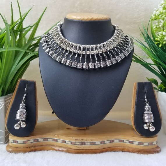 Traditional Oxidized Key & Lock Design Necklace Set in Silver - Etsy