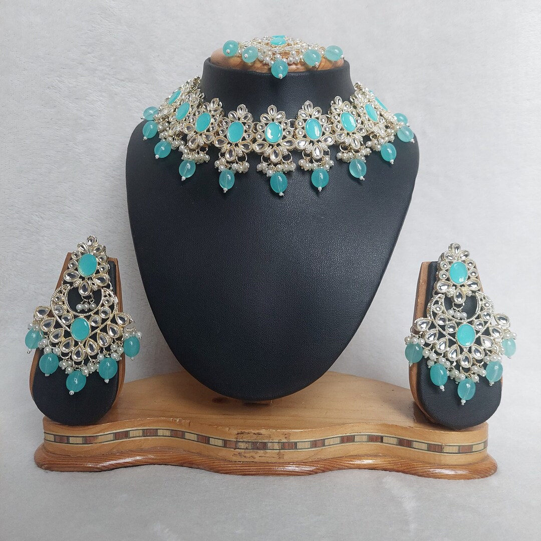 Traditional Kundan Gold Finish Necklace Set in Sky Blue (firoza) Color ...