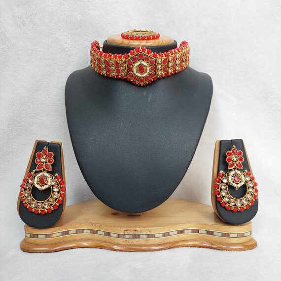 Traditional Stone Choker Necklace Set in Red Color and Gold - Etsy