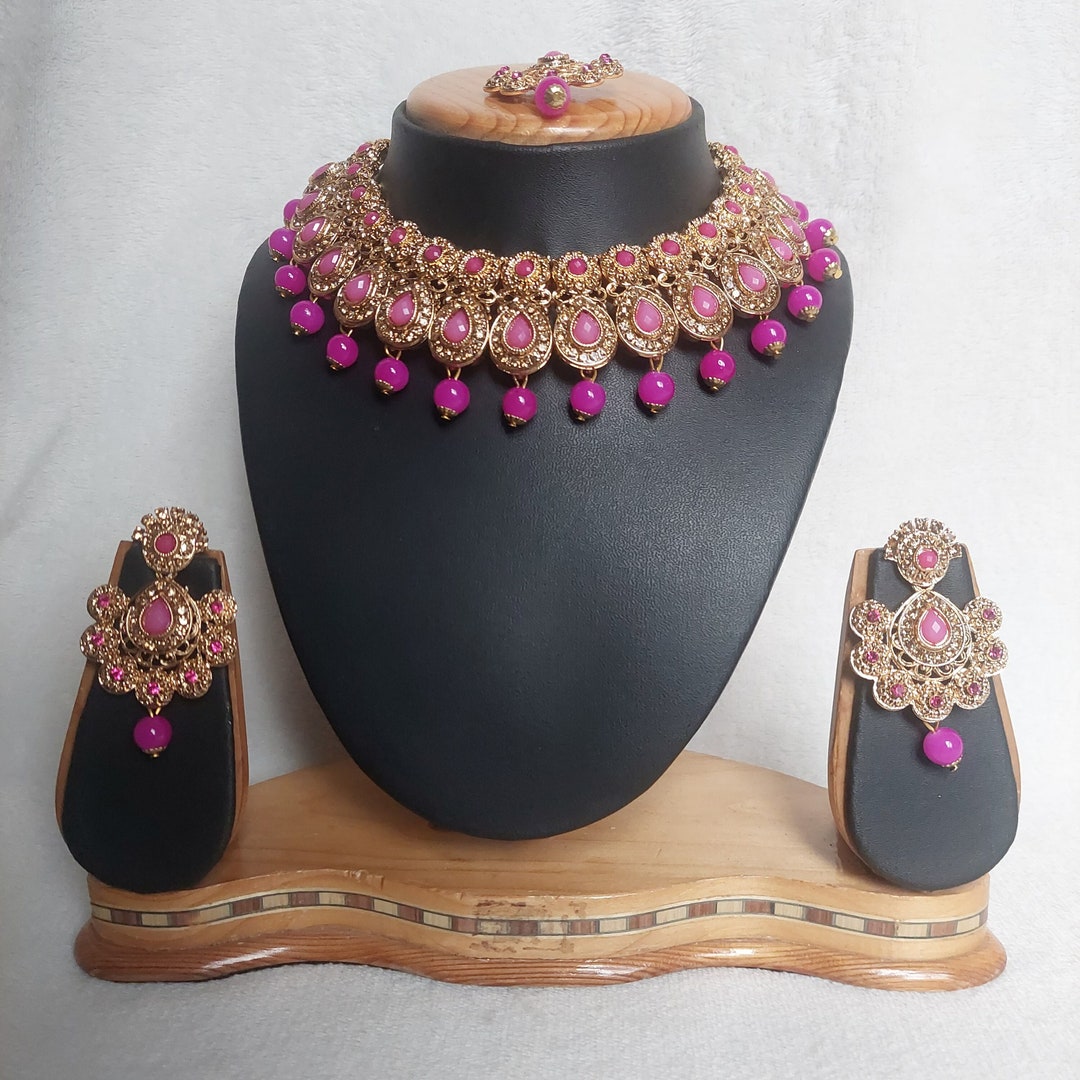 Antique / Traditional Gold Plated Necklace Set in Rani Pink Color ...